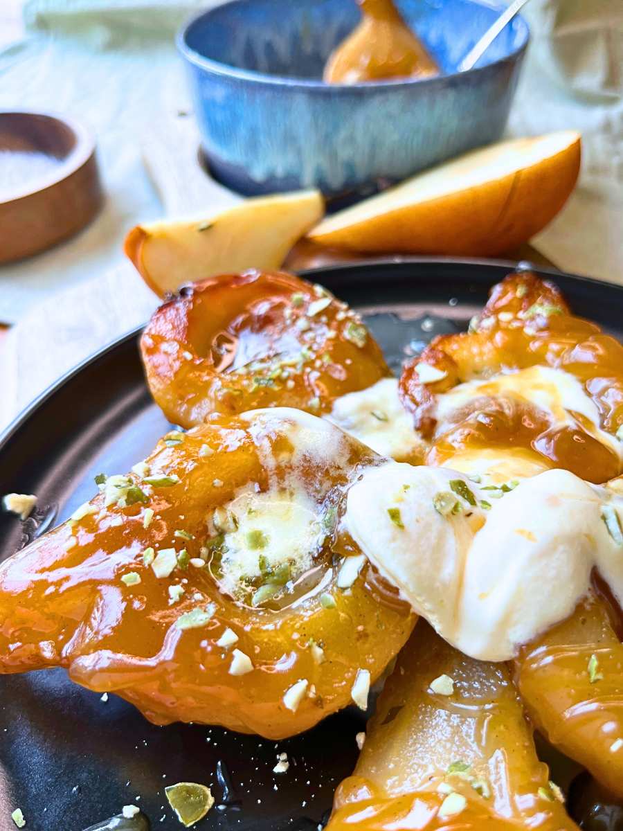 Easy Baked Pears with Homemade Caramel Sauce - Flour and Filigree